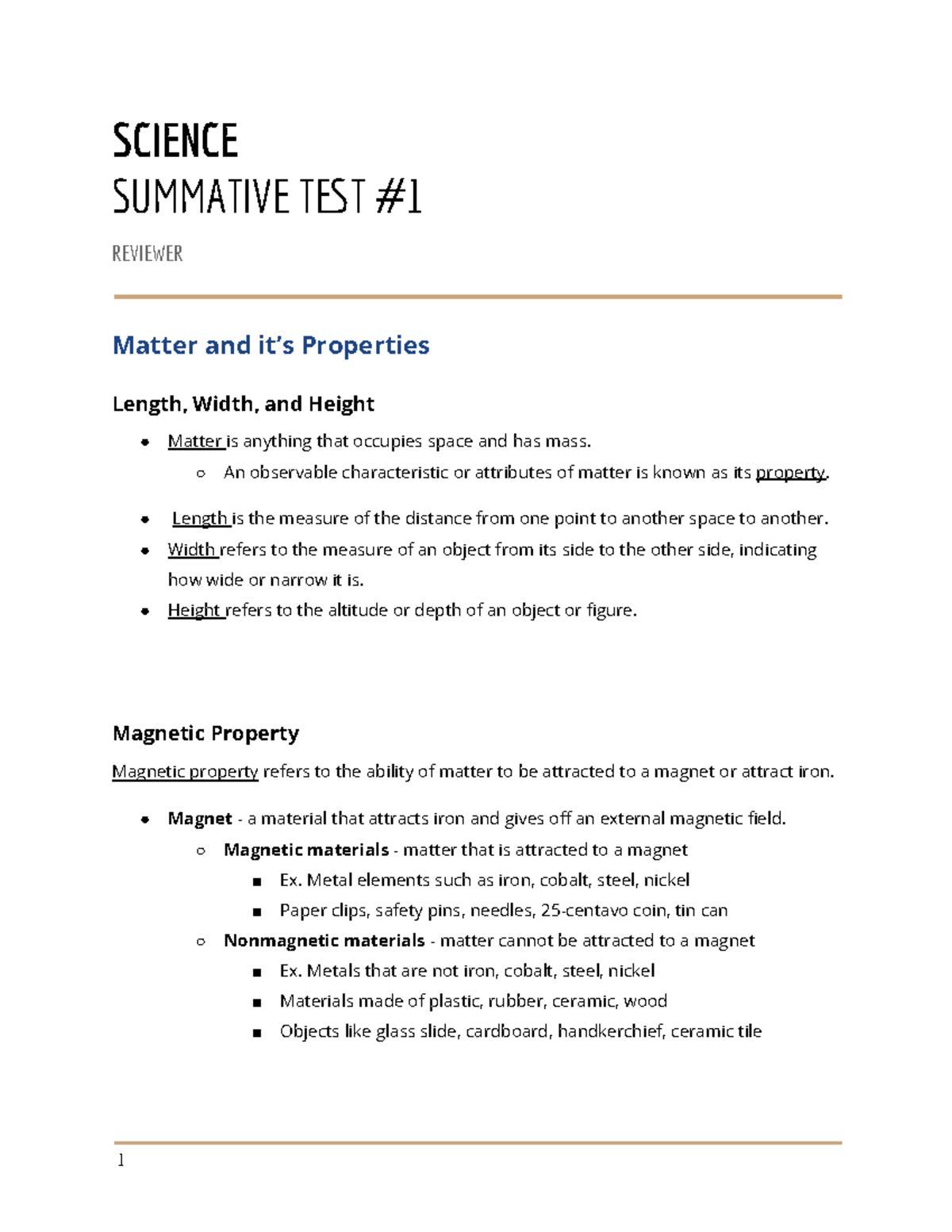 ST#1- Science Reviewer - SCIENCE SUMMATIVE TT REVIEWER Matter and it’s ...