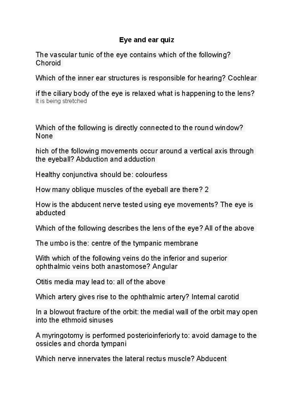 Eye and ear quiz - Eye and ear weekly anatomy quiz answers - Eye and ...