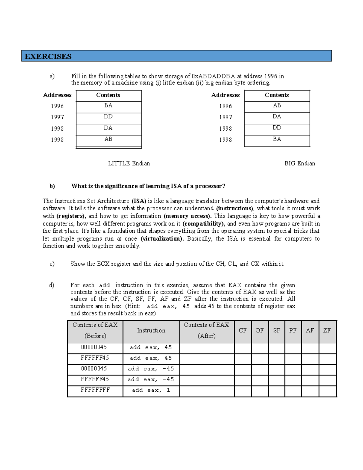 COAL Lab 01 Task 1 - a) Fill in the following tables to show storage of 0xABDADDBA at address ...