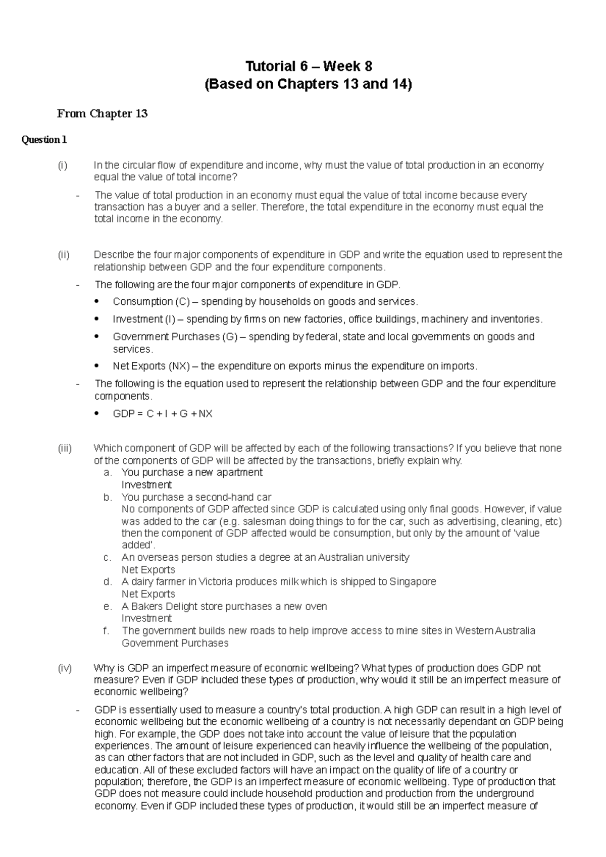 T6 Answers (CH13, CH14) - Tutorial 6 – Week 8 (Based on Chapters 13 and 14) From Chapter 13 ...