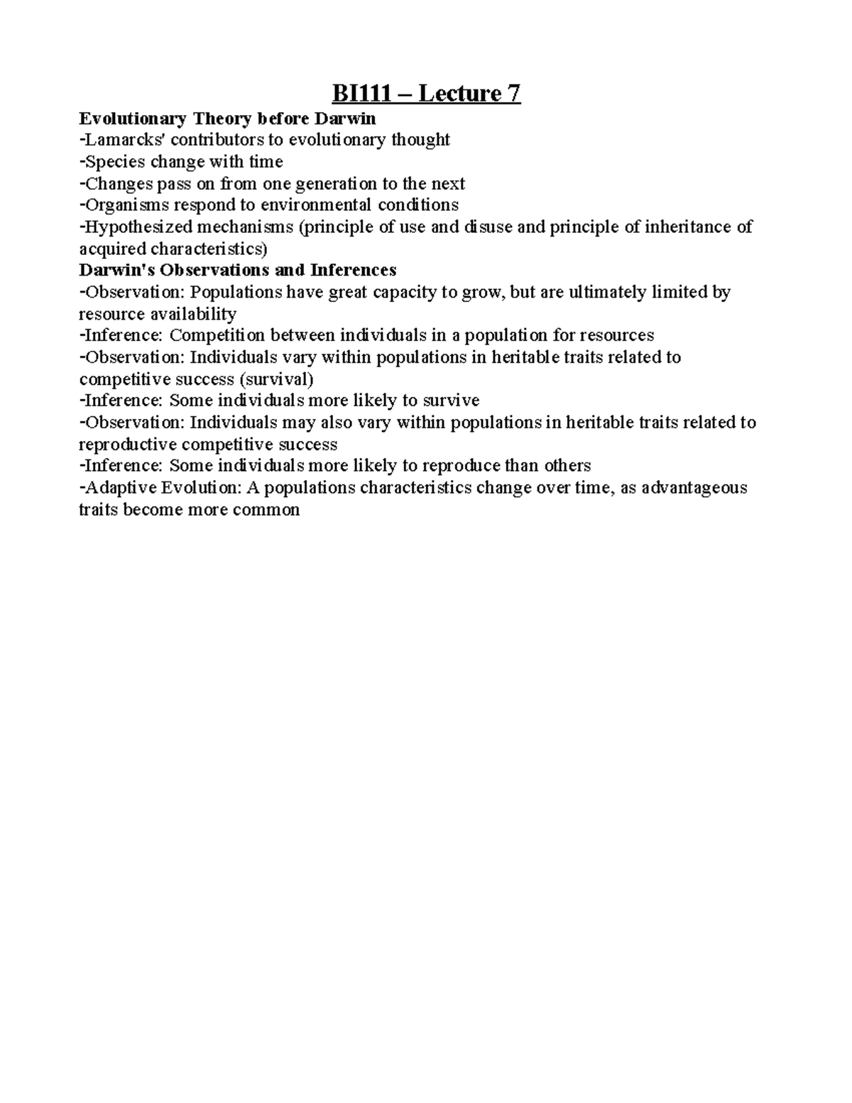 Lecture 8 - Dr. Tristan Long - BI111 – Lecture 7 Evolutionary Theory ...