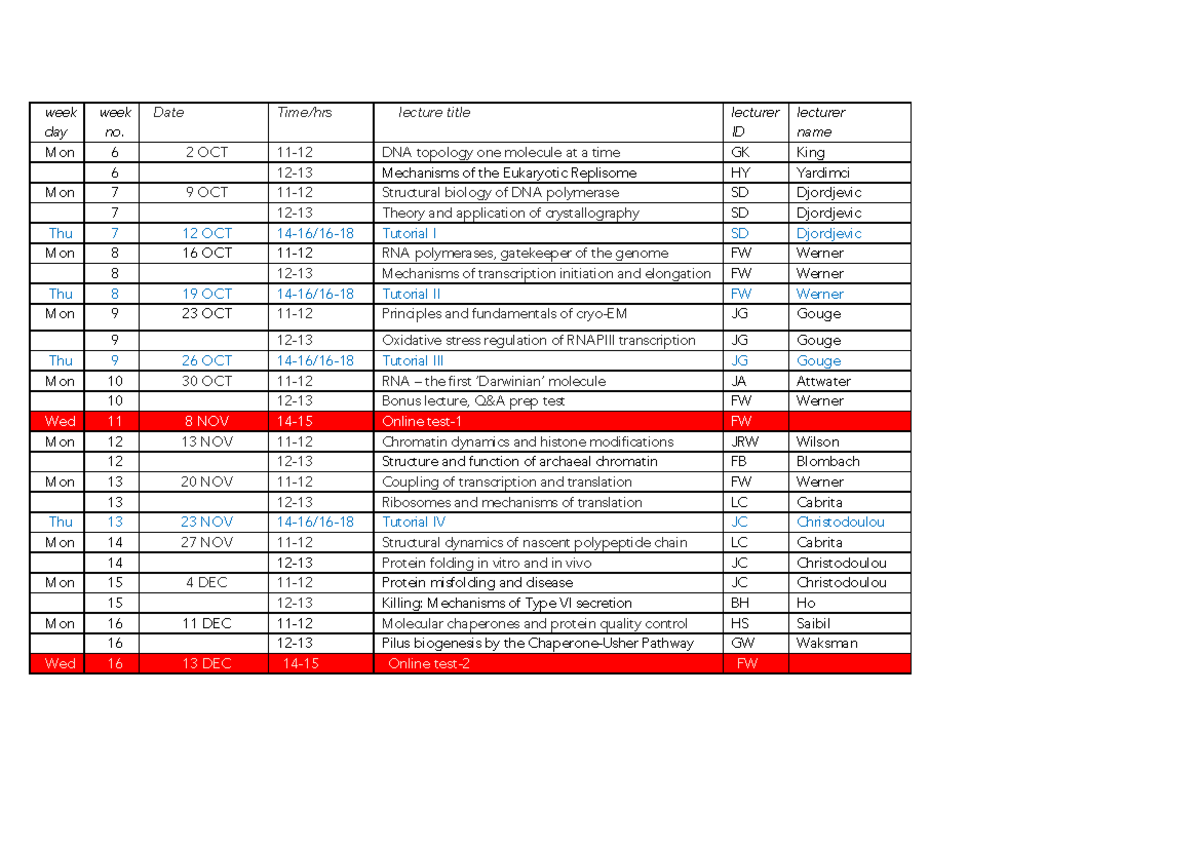 Time table 2023-2024 - Course handbook for BIOC0014 2023/2024 - week ...