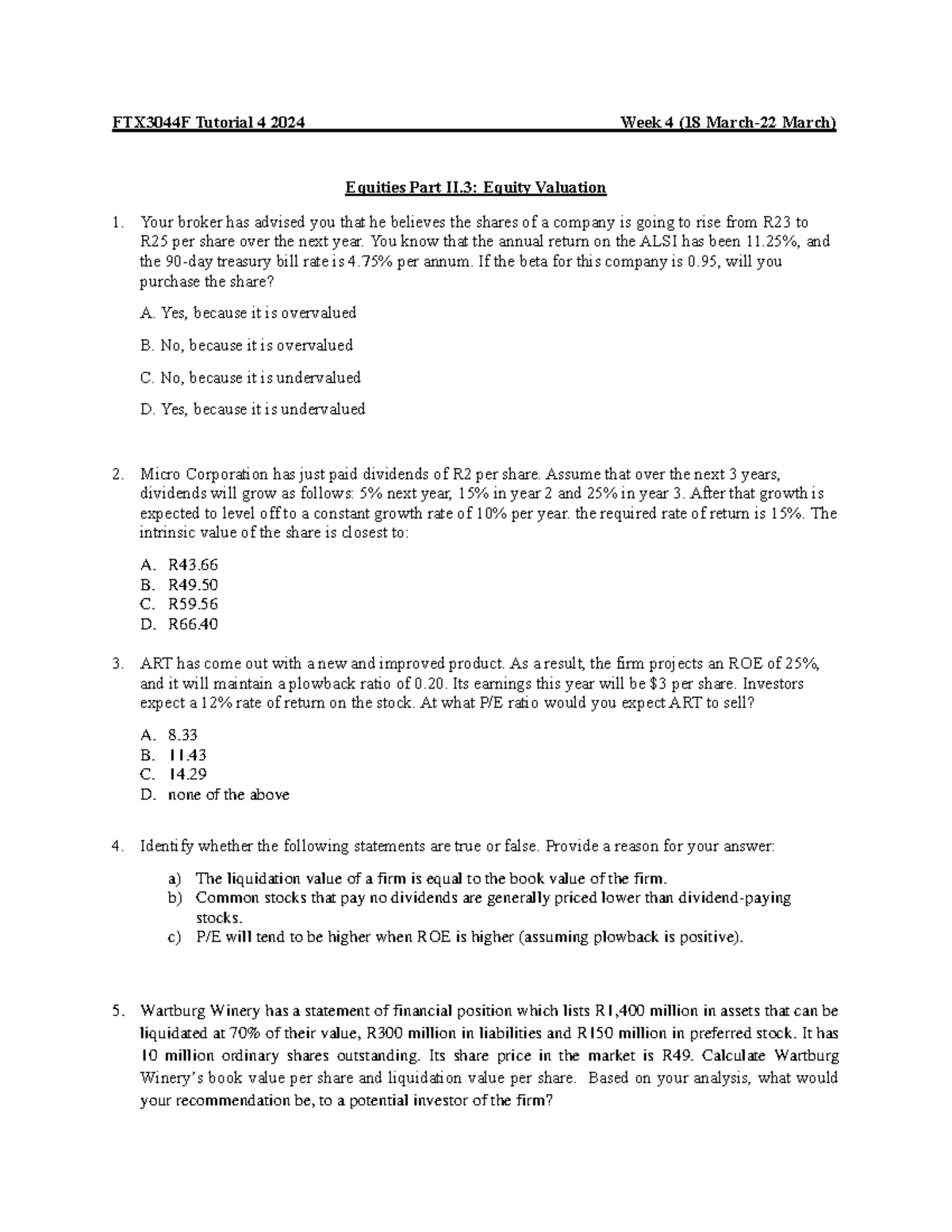 FTX3044F Tutorial 4 2024 - FTX3044F Tutorial 4 2024 Week 4 (1 8 March ...