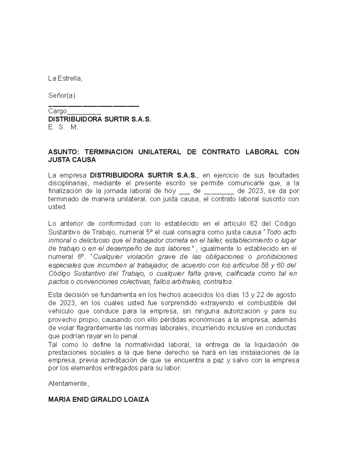 Modelo Carta Terminacion Contrato Laboral Justa Causa - La Estrella ...