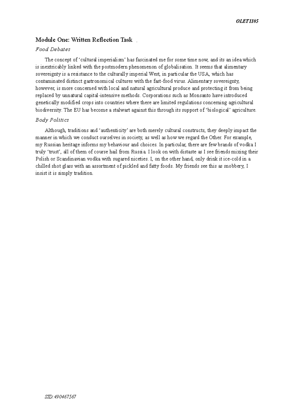 FOOD Module One Reflection - OLET1105 - USyd - Studocu