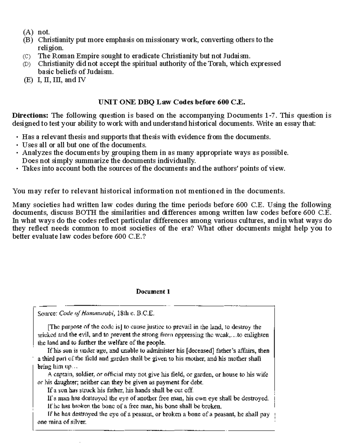 UNIT three DBQ Law Codes UNIT ONE DBQ Law Codes before 600 - (A) not ...
