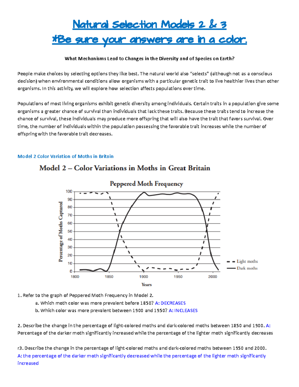 1 Natural Selection Models- student..docx - Natural Selection Models 2 ...