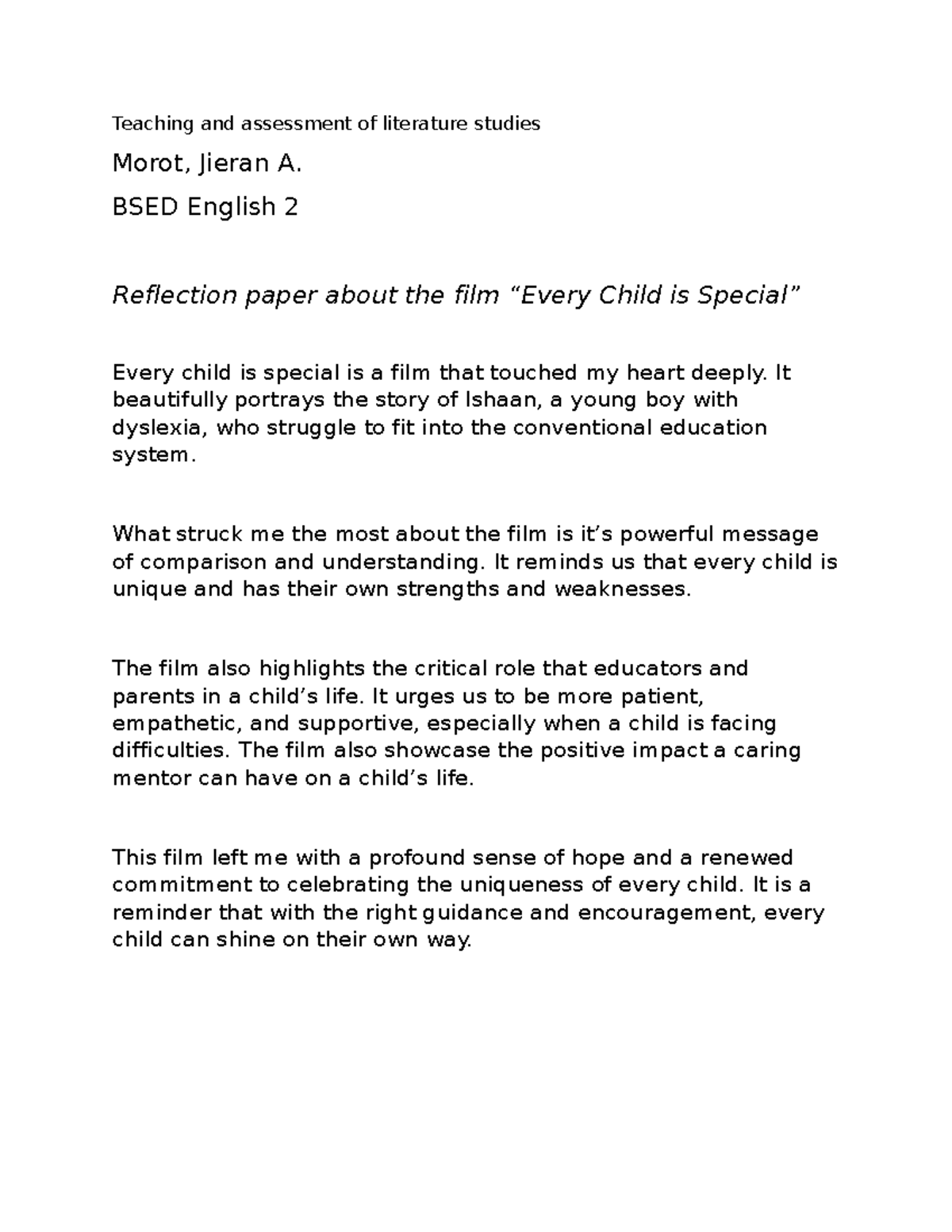 Reflection paper - for literature - Teaching and assessment of ...
