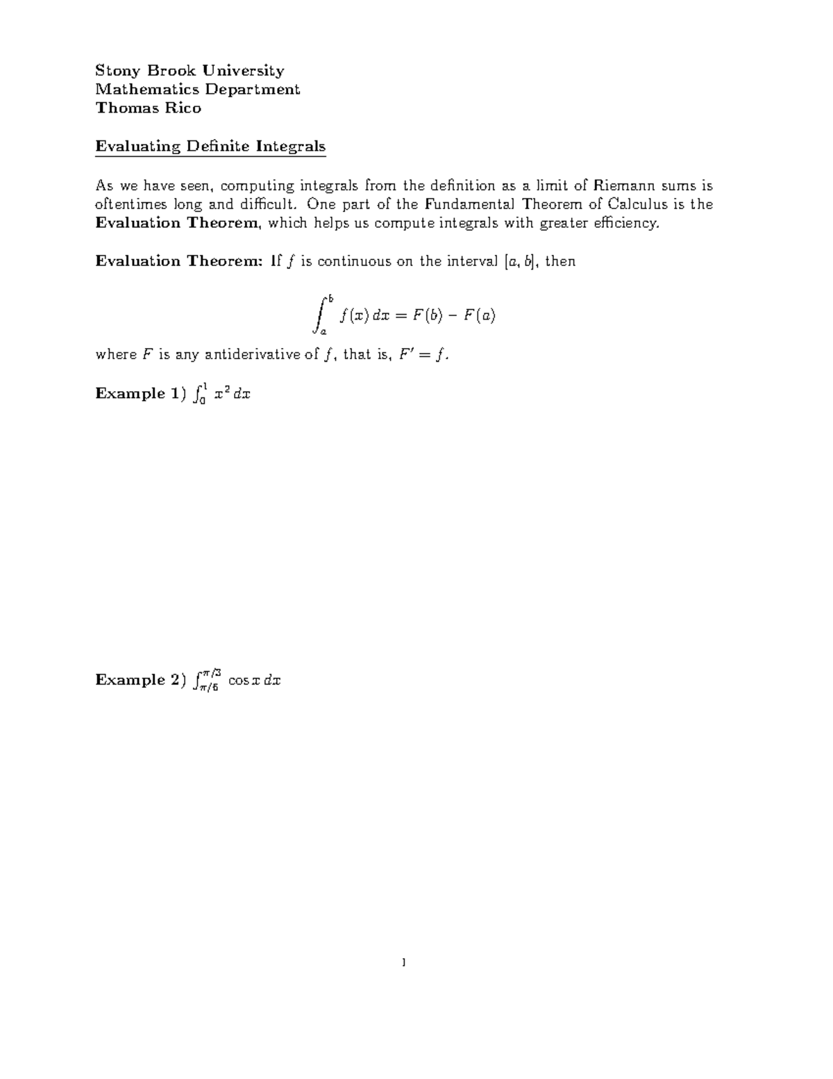 Calculus B 03 Evaluating Definite Integrals - Stony Brook University ...