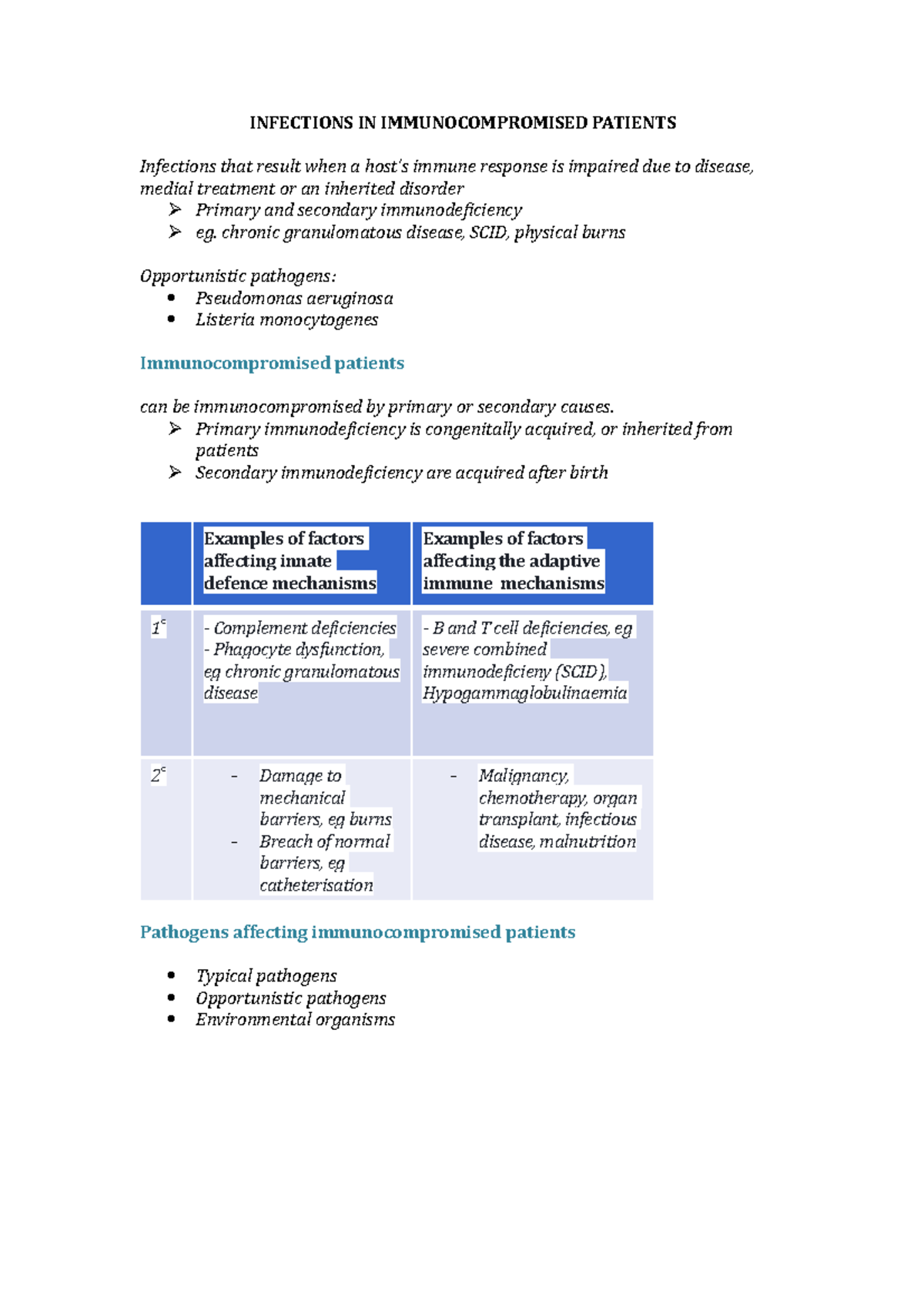 INFECTIONS IN IMMUNOCOMPROMISED PATIENTS.docx - INFECTIONS IN ...