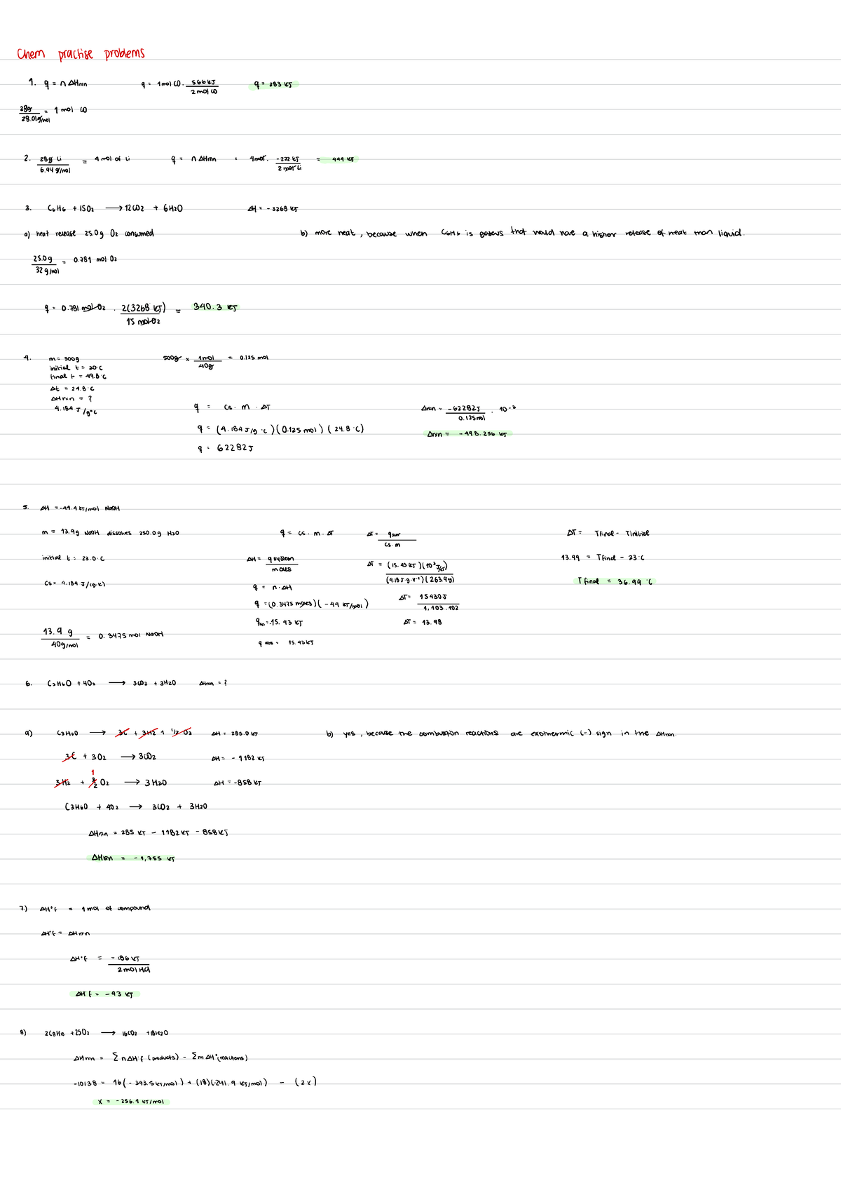 Chem3 - Problems about enthalpy of reaction - them practise problems 1 = nΔHran q = 9mo) (0 9 ...