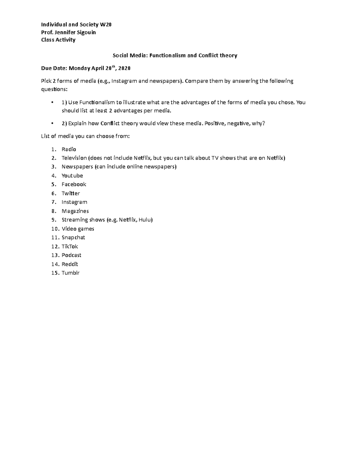 Class Activity Social Media Part 1 - Individual and Society W Prof ...