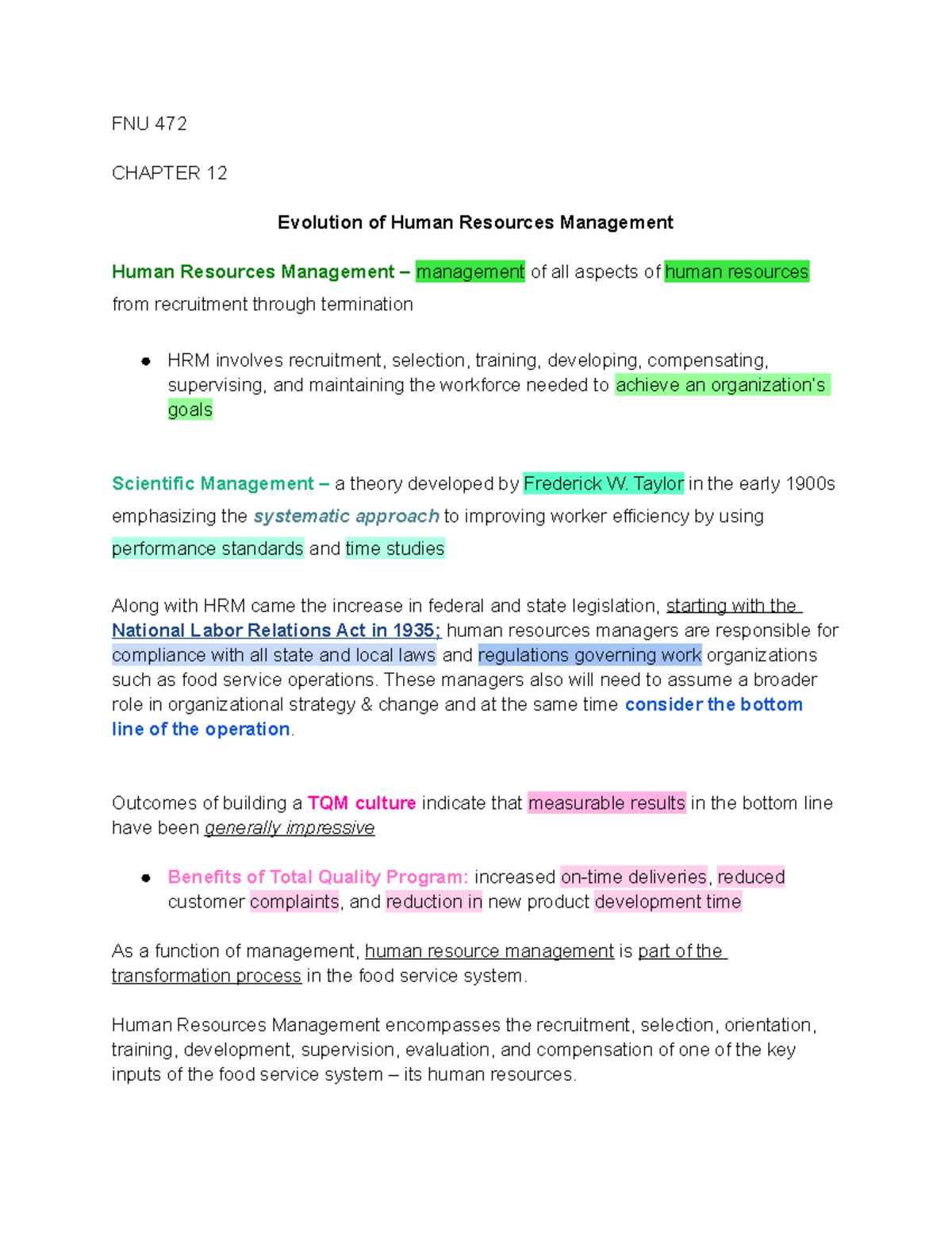 FNU 472 Chapter 12 - FNU 472 CHAPTER 12 Evolution of Human Resources ...