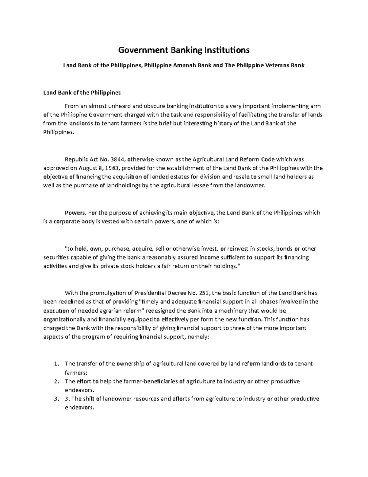 Government Banking Institutions Land Bank of the Philippines ...