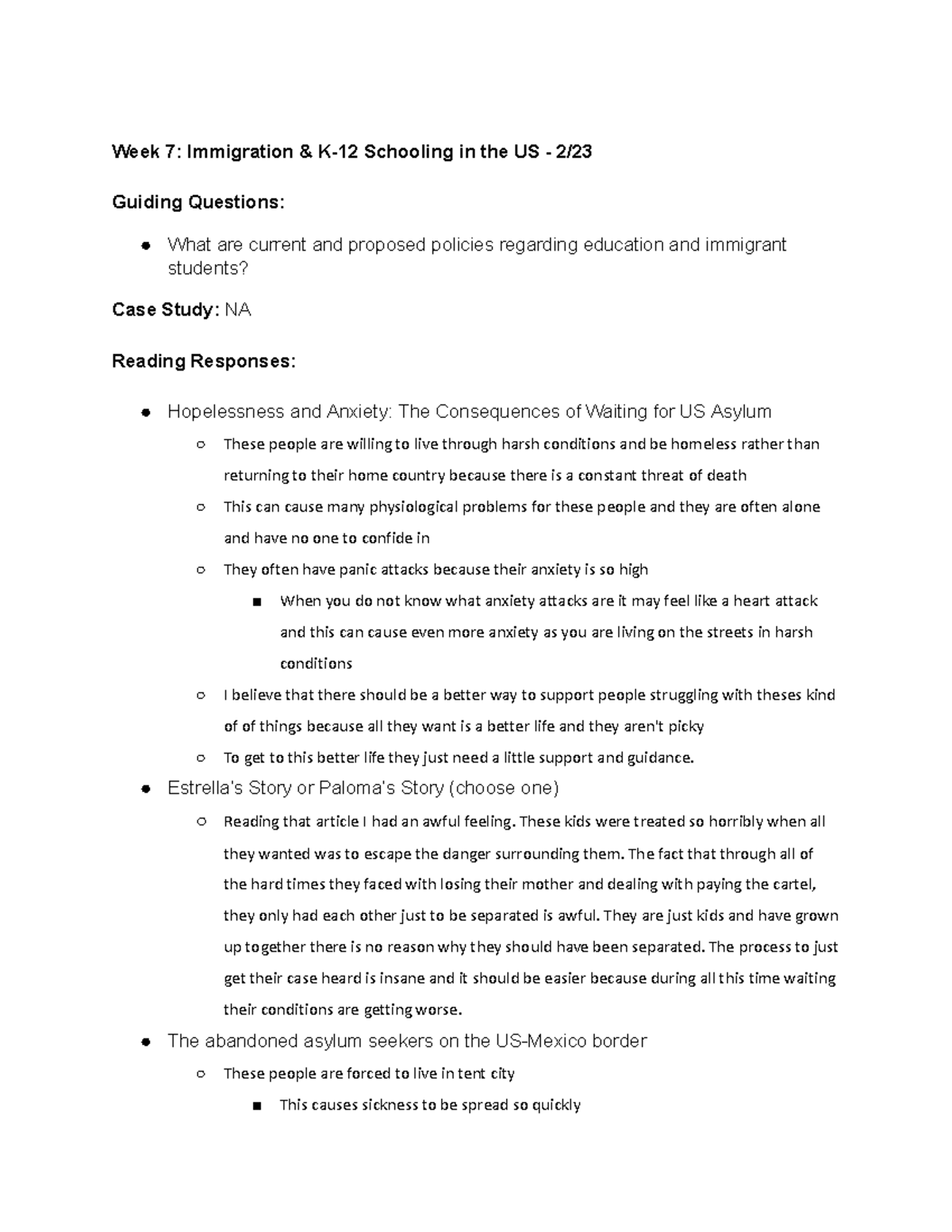 Week 7 - Reading Responses for week 7 - Week 7: Immigration & K-12 ...