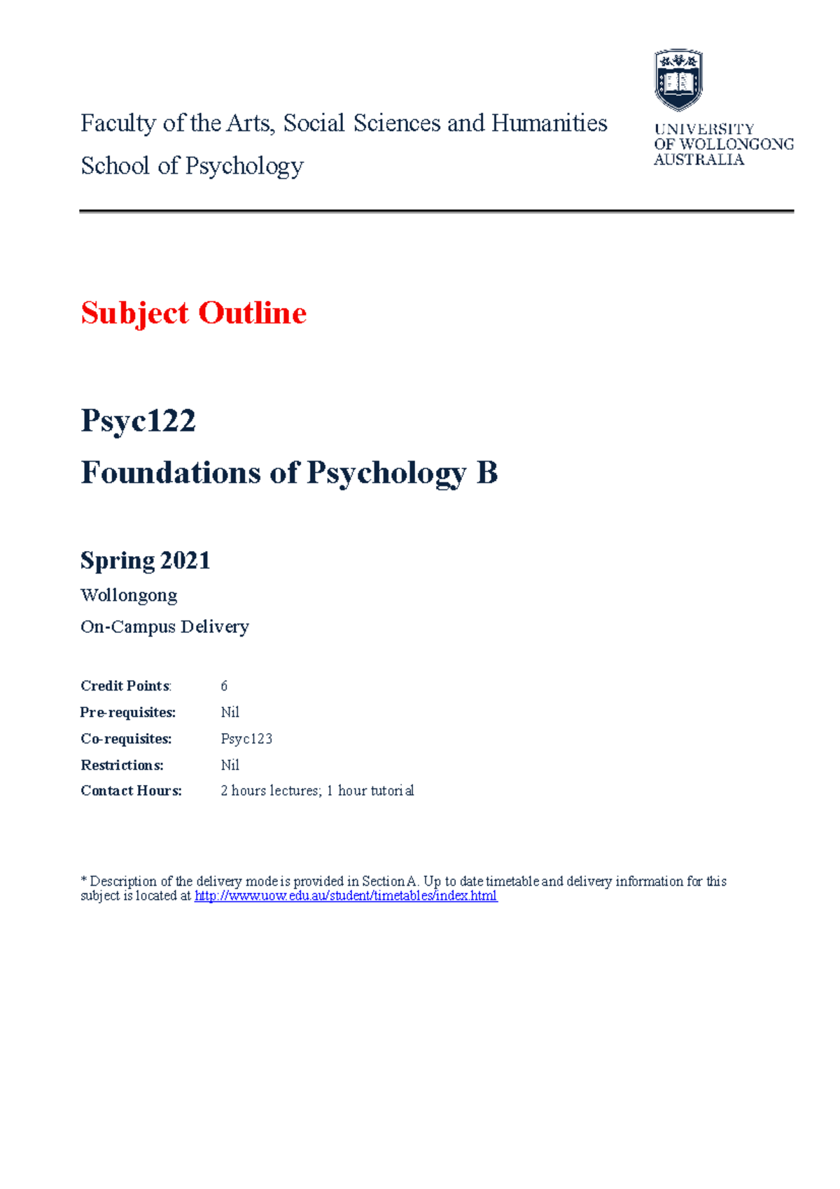 PSYC122 Subject Outline - Spring 2021 Final updated tutorials - PSYC122 ...