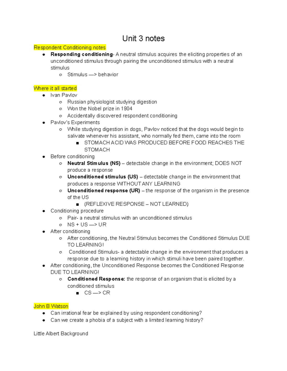 Unit 3 notes - Covers respondent conditioning and where it originated ...