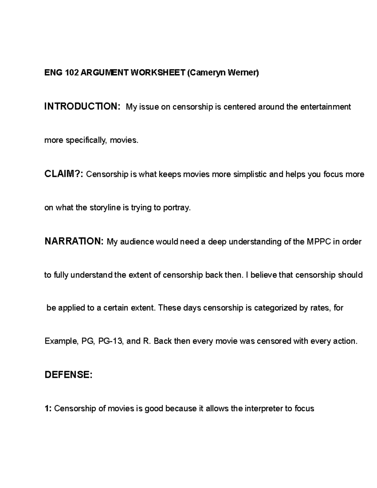 Argument Worksheet Eng 102 Eng 102 Argument Worksheet Cameryn Werner