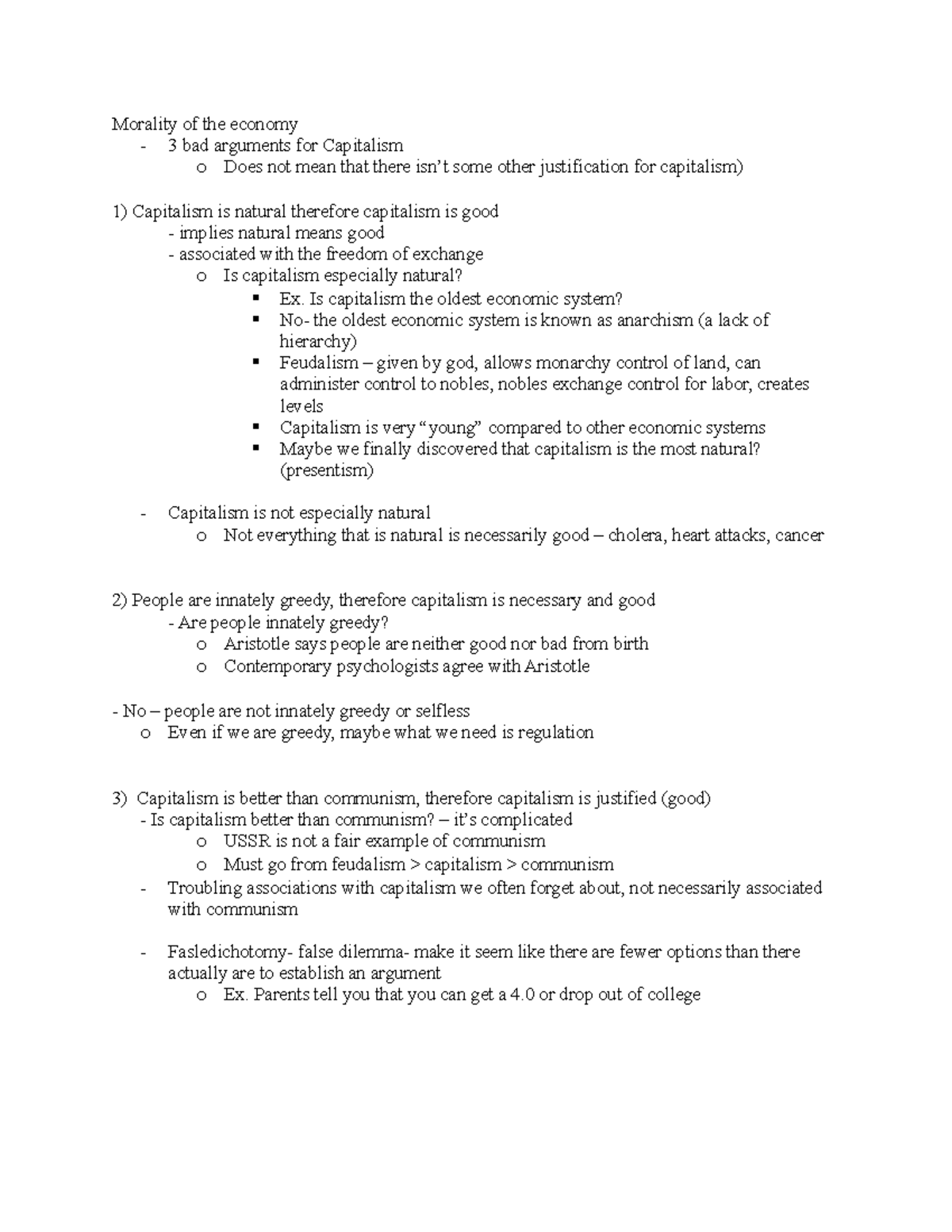 Capitalism Notes - Morality of the economy - 3 bad arguments for ...