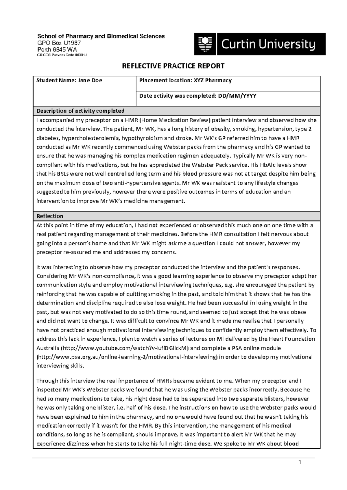 Reflective Practice Report Sample - School of Pharmacy and Biomedical ...