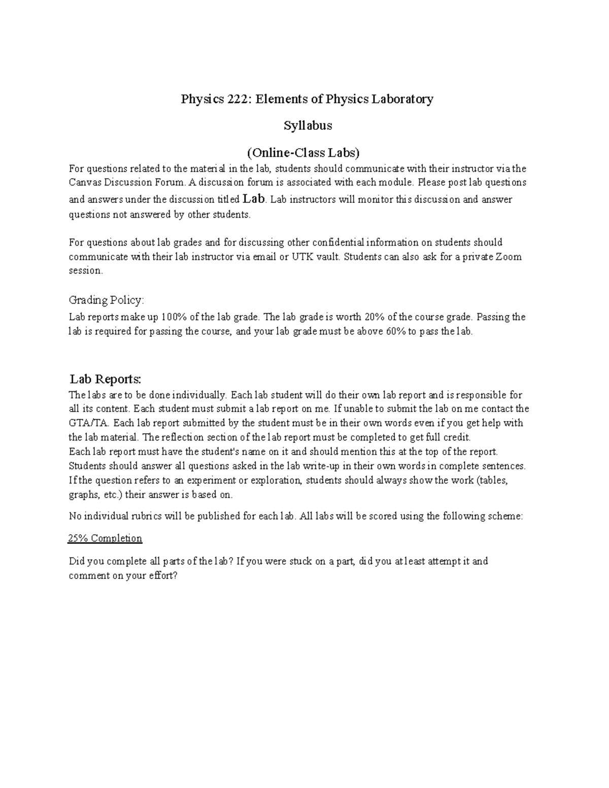 Physics 222 Online Fall Class 2024 SYL - Physics 222: Elements of Physics Laboratory Syllabus ...