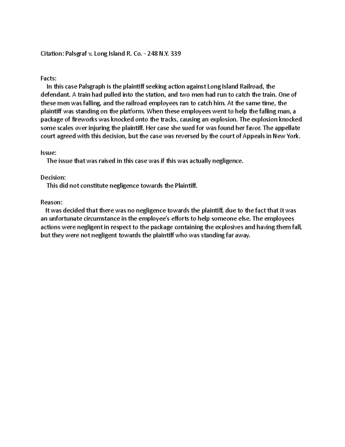 Palsgraf v LIRR - Palsgraph vs LIRR case brief - Citation: Palsgraf v ...