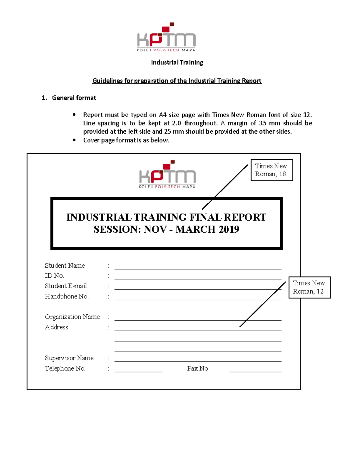 Industrial Training Final Report ( Format) - Industrial Training Guidelines for preparation of ...