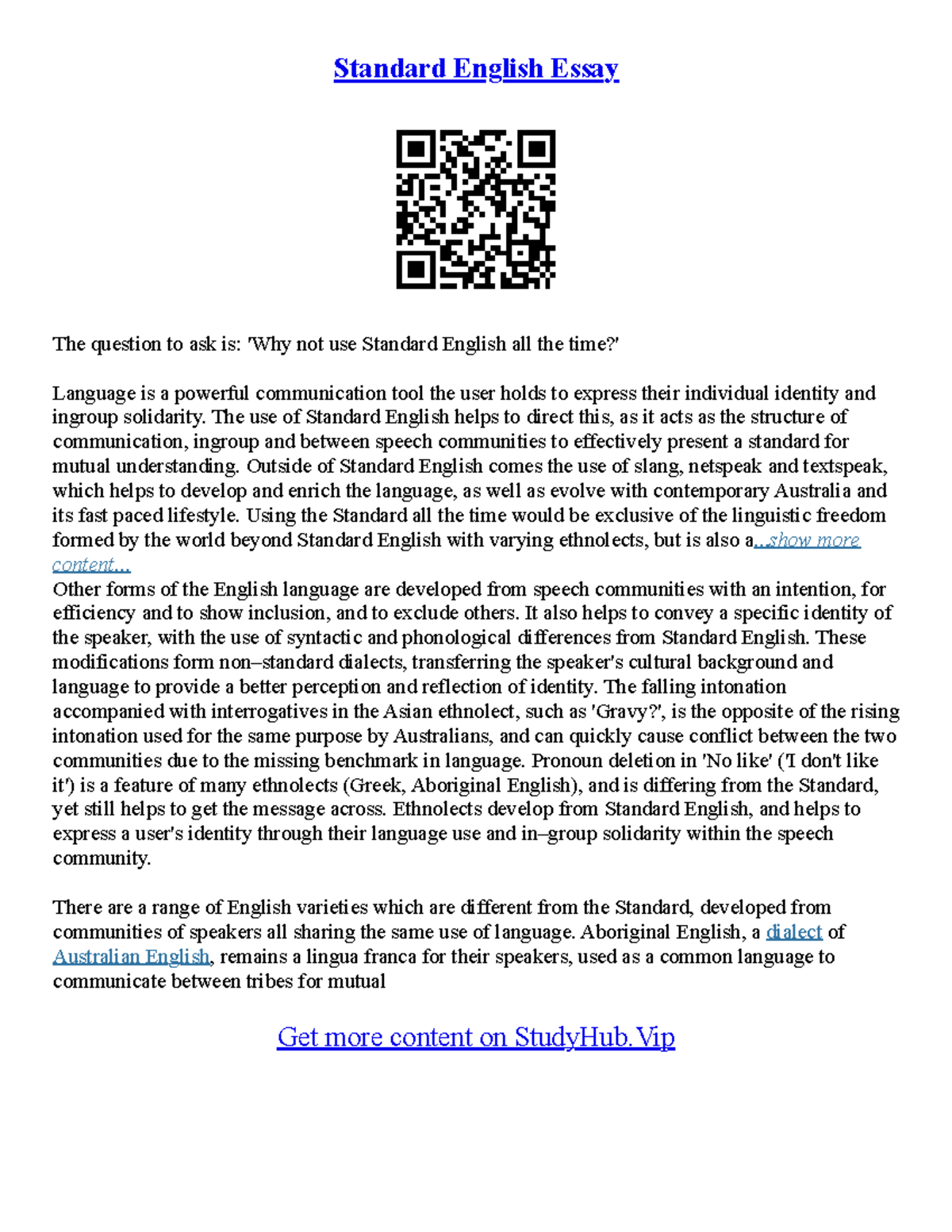 Small Essays In English - Standard English Essay The question to ask is ...