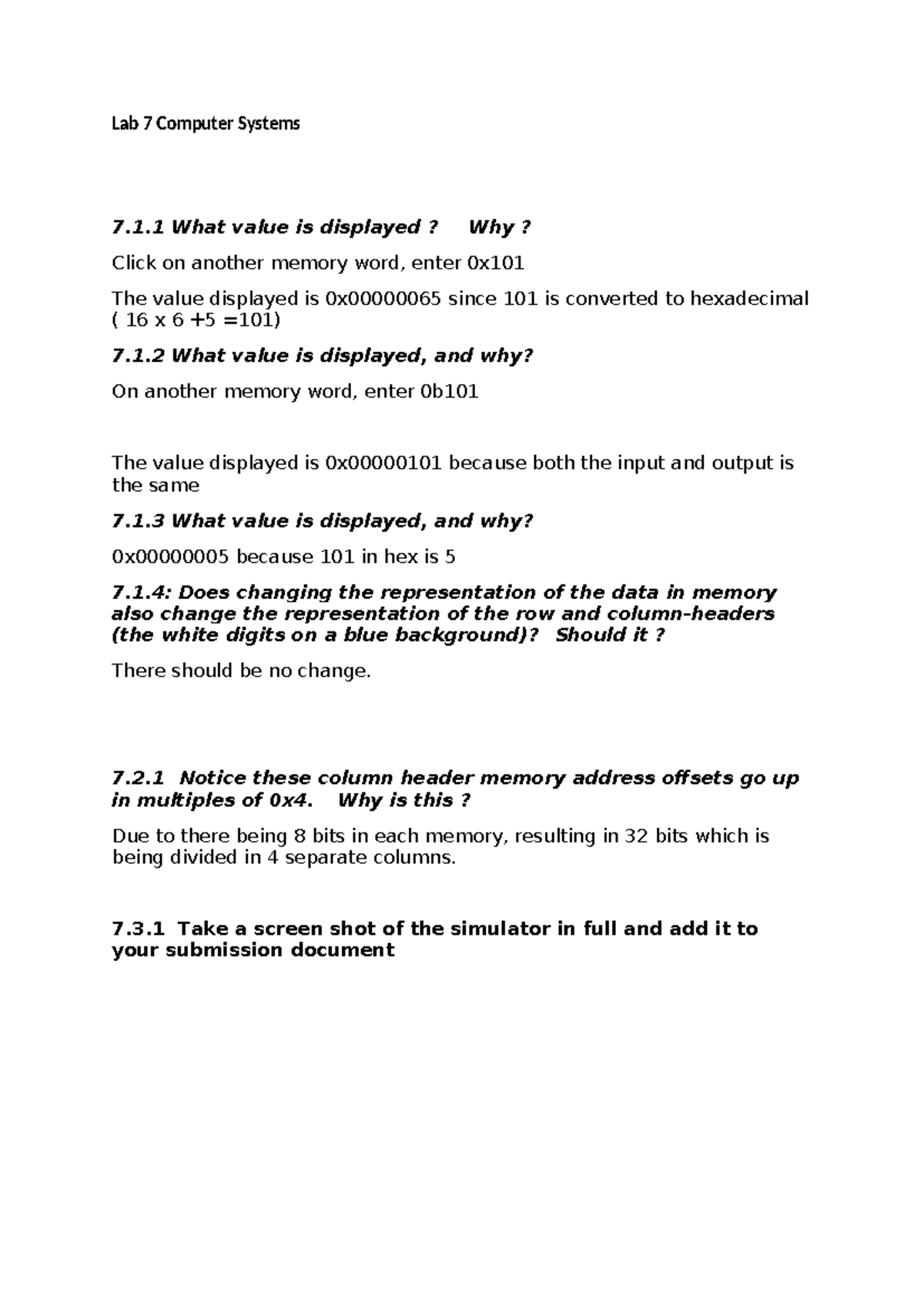 Lab 7 Computer Systems - lab - Lab 7 Computer Systems 7.1 What value is displayed? Why? Click on ...
