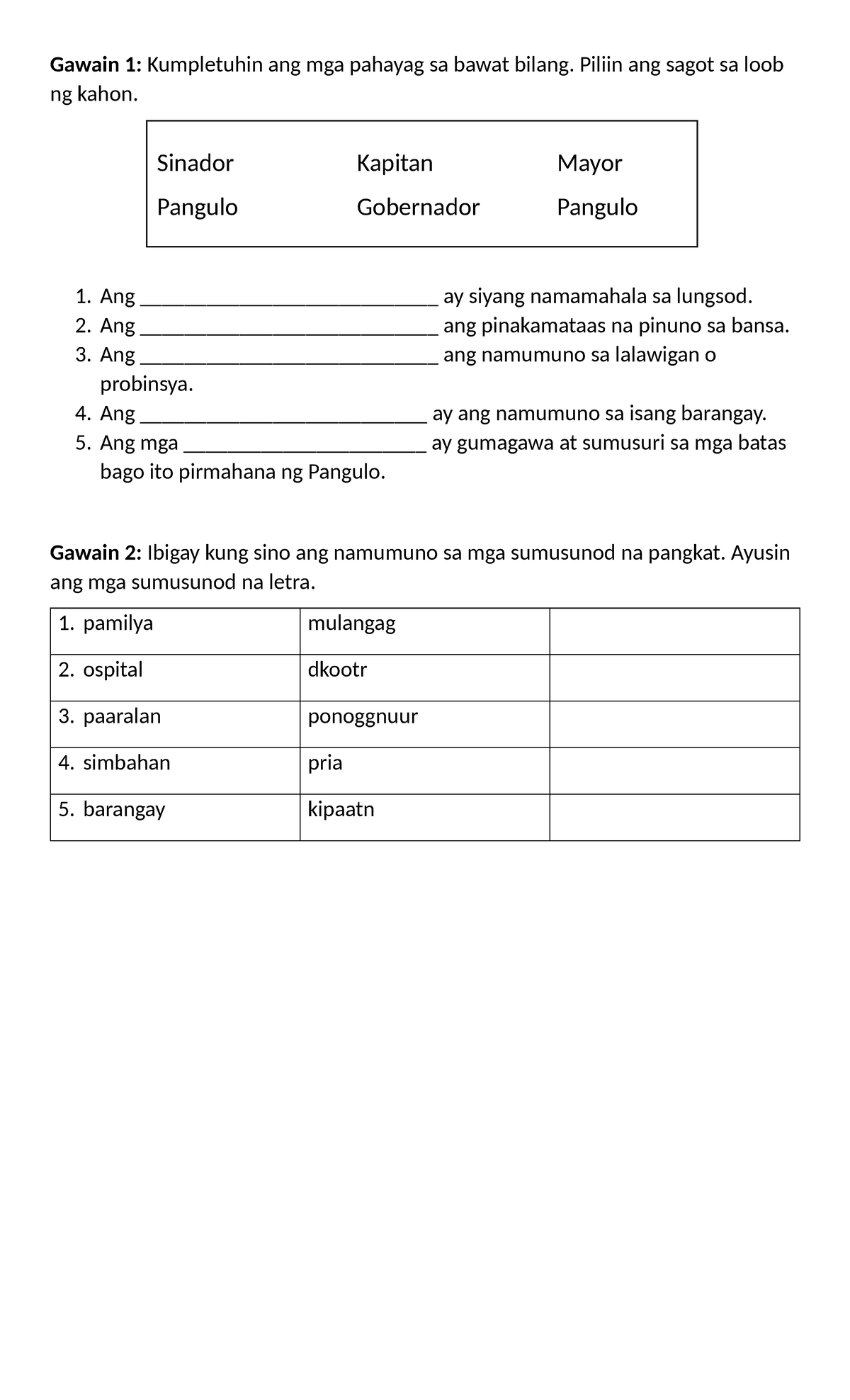 Mga Namumuno sa Komunidad - Gawain 1: Kumpletuhin ang mga pahayag sa ...