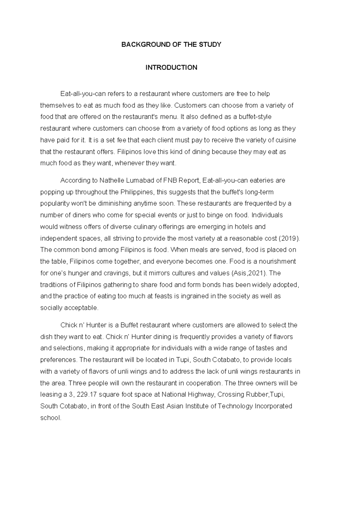 Feasibility study - n/a - BACKGROUND OF THE STUDY INTRODUCTION Eat-all ...