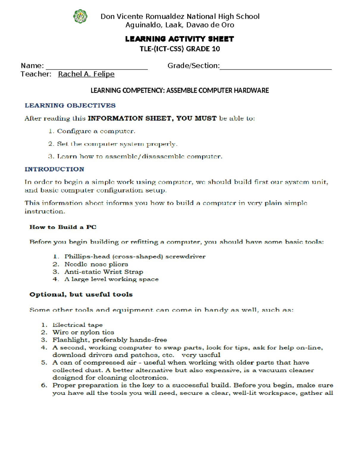 Learning Activity Sheet - Don Vicente Romualdez National High School ...