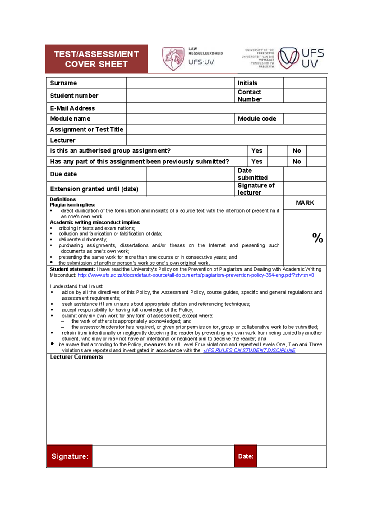 Cover page for assignments - TEST/ASSESSMENT COVER SHEET Surname ...