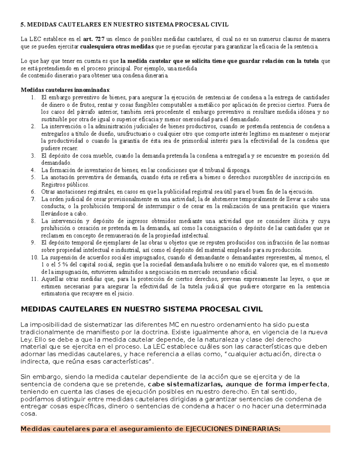 EXPO PROC Civil - 5. MEDIDAS CAUTELARES EN NUESTRO SISTEMA PROCESAL CIVIL La LEC establece en el ...