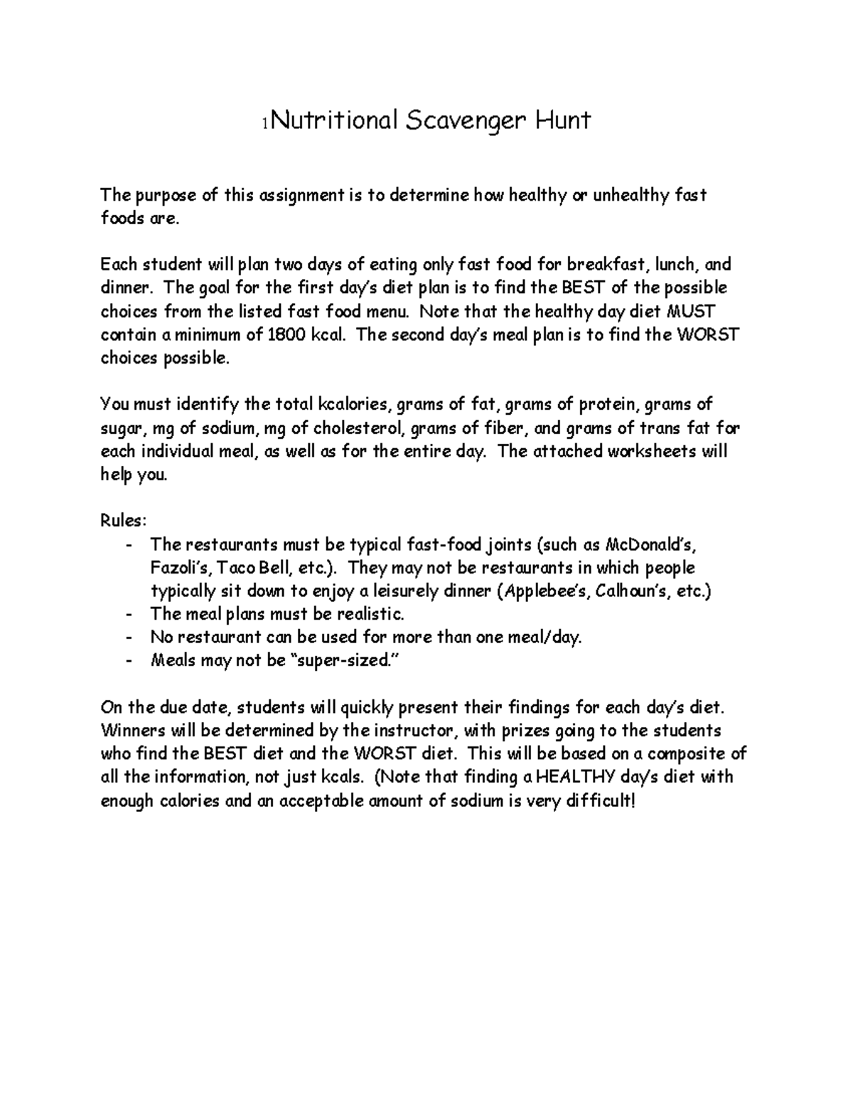 Fast Food Assignment - 1 Nutritional Scavenger Hunt The purpose of this ...