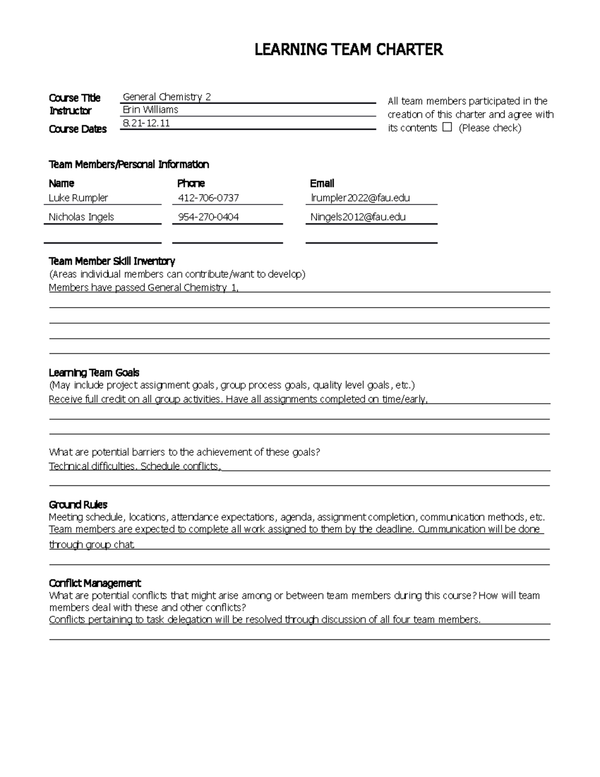 Learning TEAM Charter - Copy - LEARNING TEAM CHARTER Course Title ...