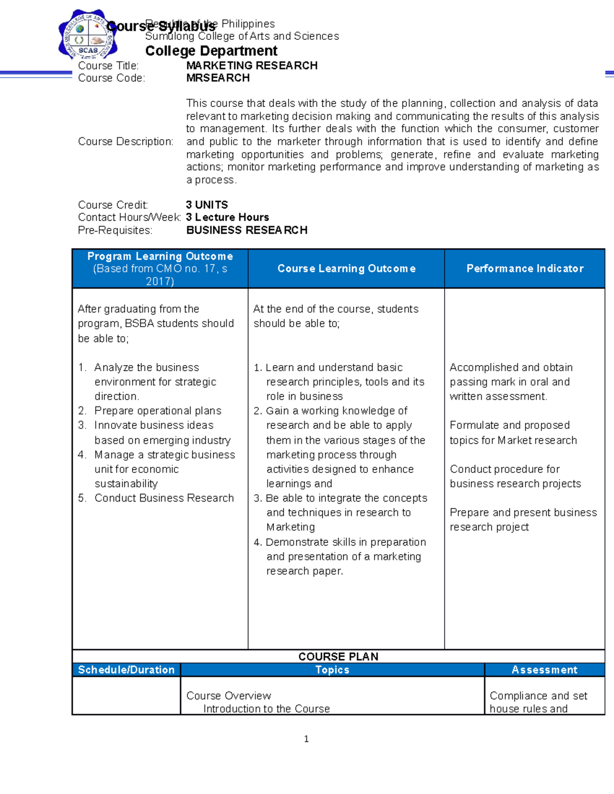 Syllabus Marketing Research - Course Title: MARKETING RESEARCH Course ...