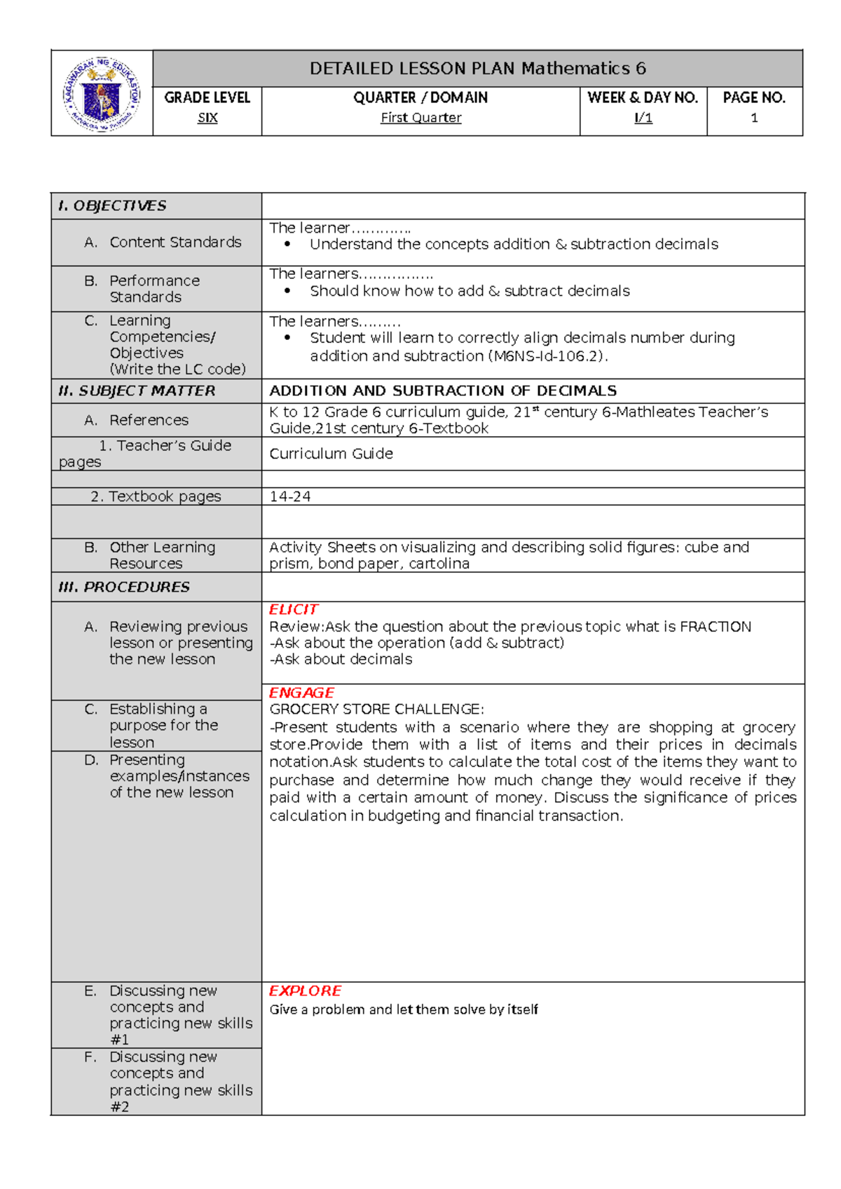 Lesson-PLAN- Sample - DETAILED LESSON PLAN Mathematics 6 GRADE LEVEL ...