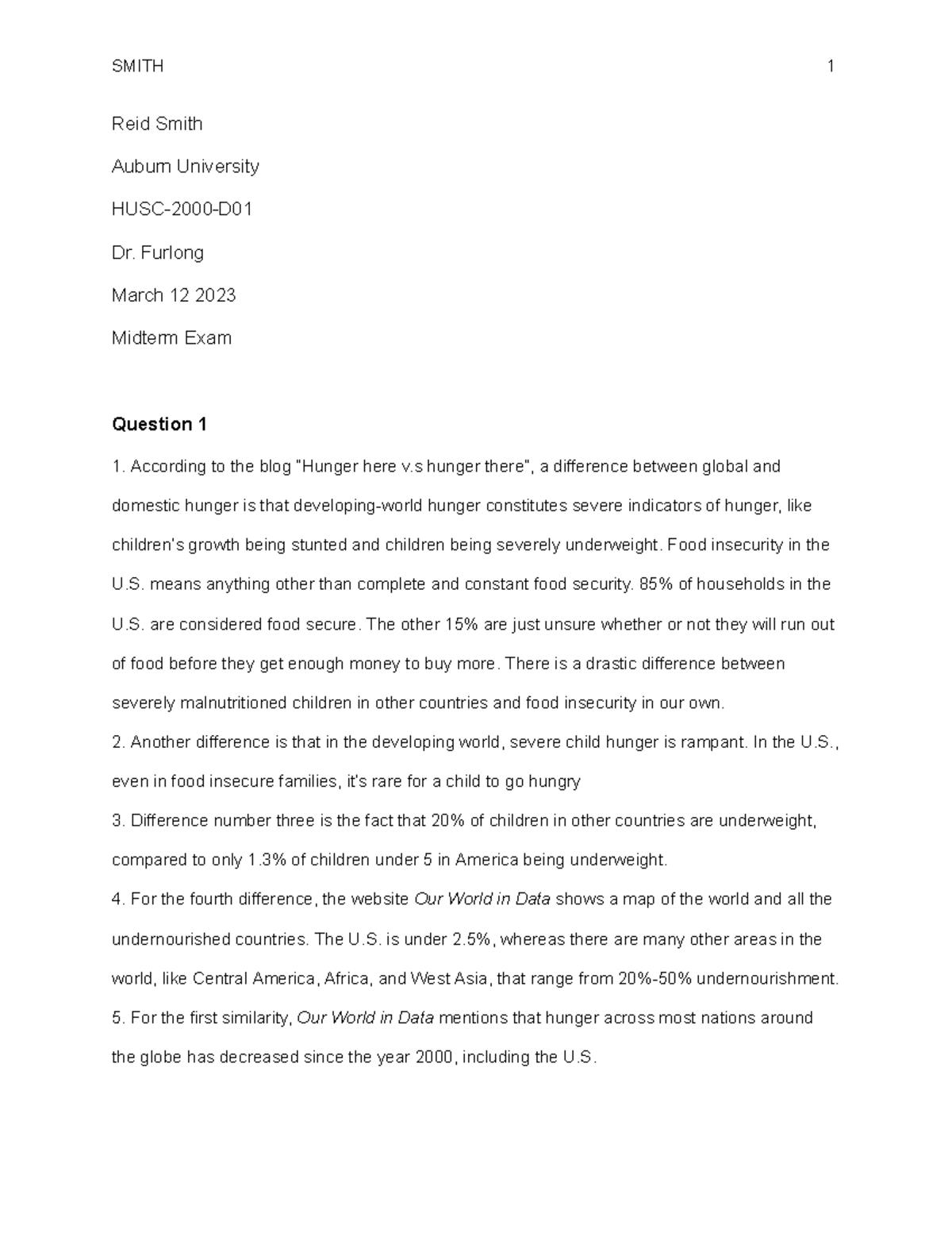 HUSC Midterm Exam - Reid Smith Auburn University HUSC-2000-D Dr ...