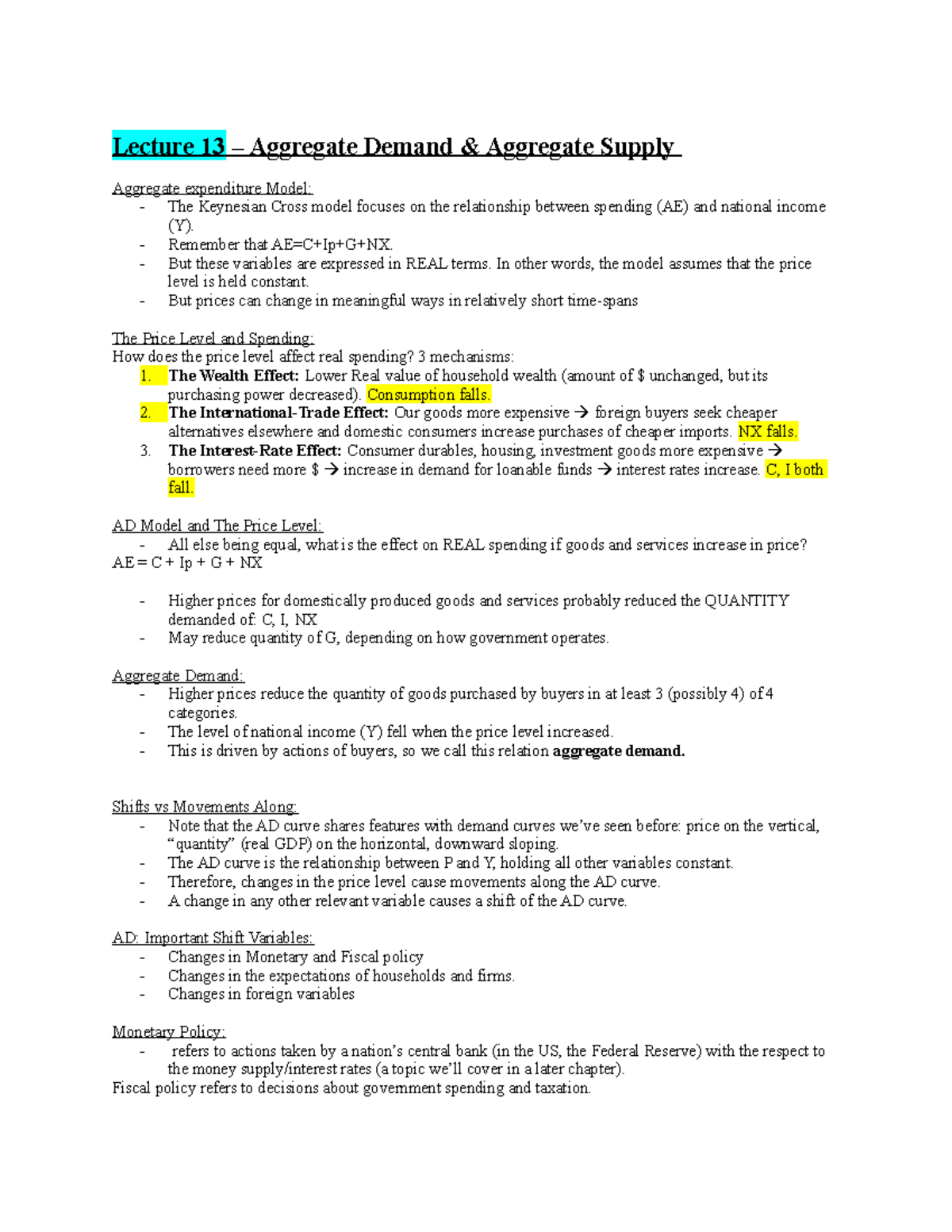 Lecture 13 - macro - Lecture 13 – Aggregate Demand & Aggregate Supply Aggregate expenditure ...