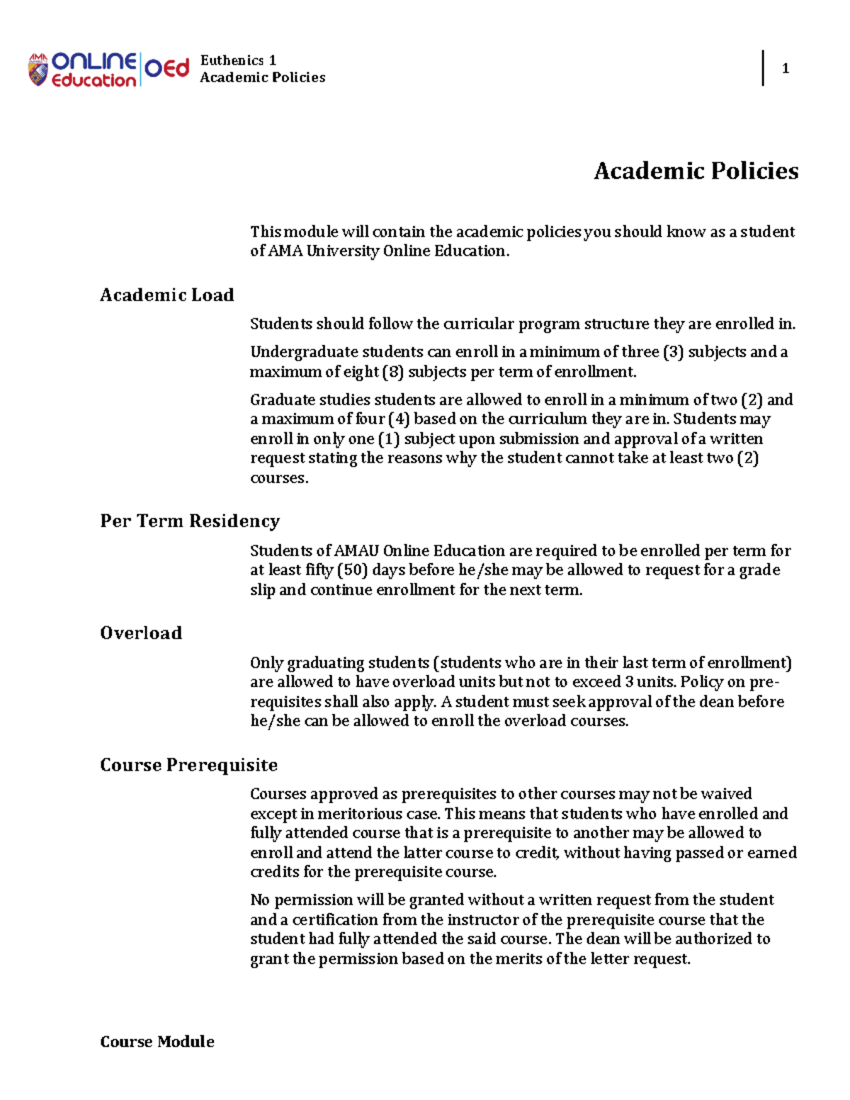 Week 3 - Lesson 3 - Academic Policies - Euthenics 1 Academic Policies 1 ...