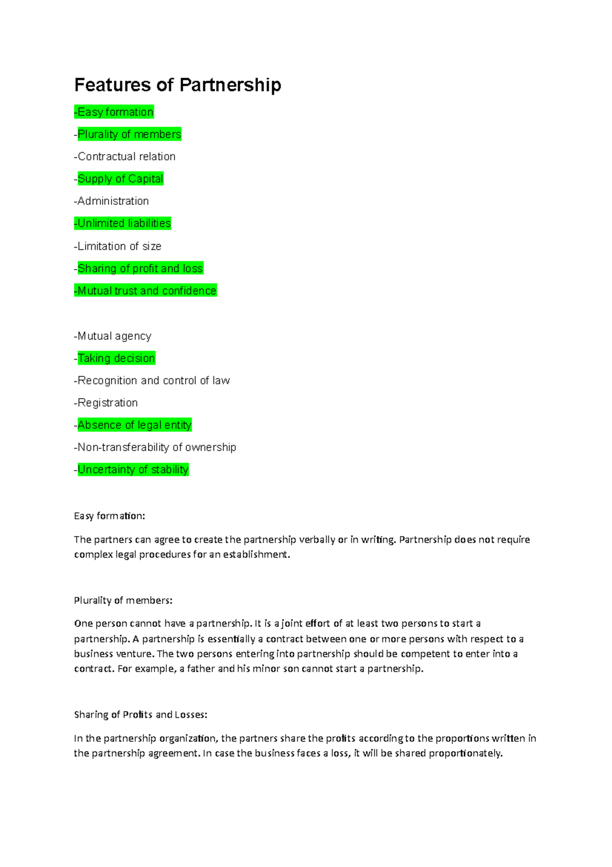 Features of Partnership - Features of Partnership -Easy formation ...