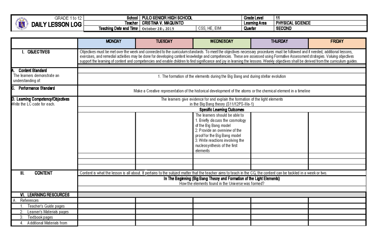 Pdfcoffee - nnghgggggg - GRADE 1 to 12 DAILY LESSON LOG School PULO ...