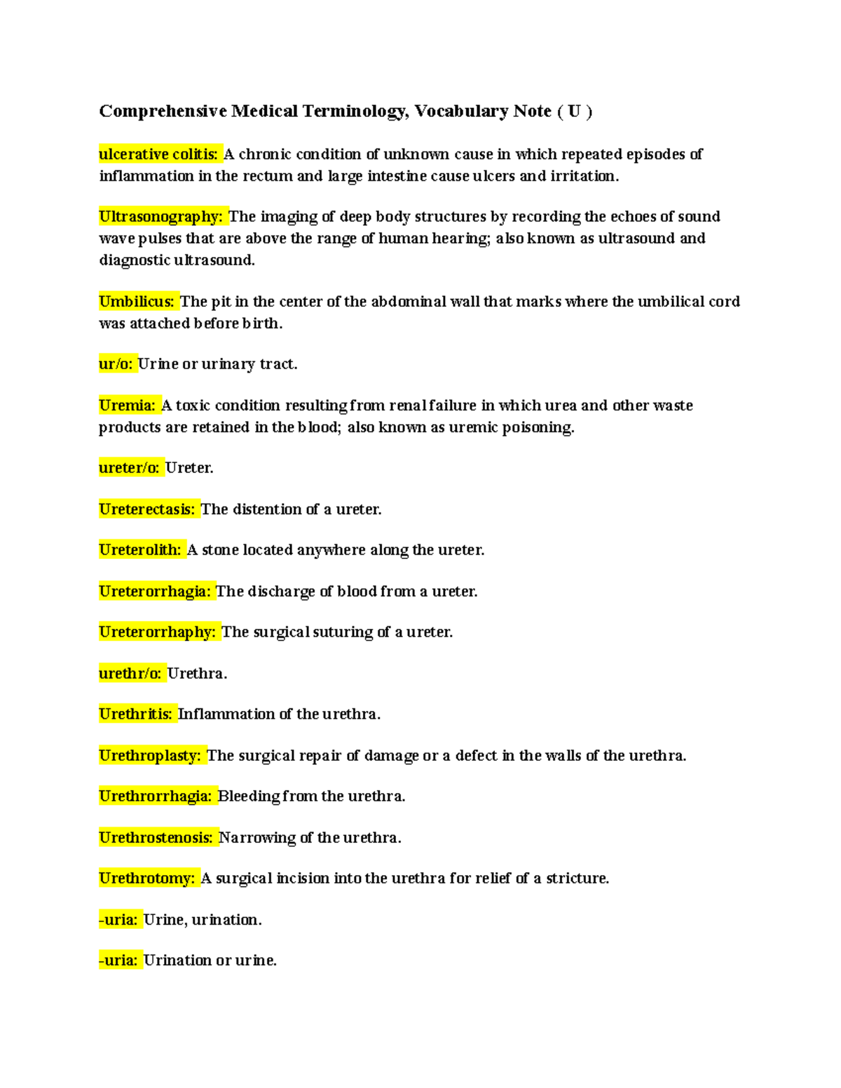 Vocabulary Note ( U ) - Comprehensive Medical Terminology, Vocabulary ...