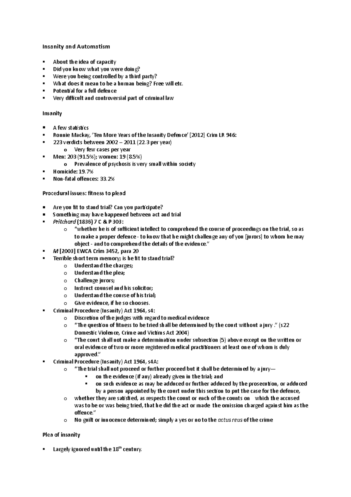 Insanity and Automatism: Understanding Capacity and Criminal Law - Studocu
