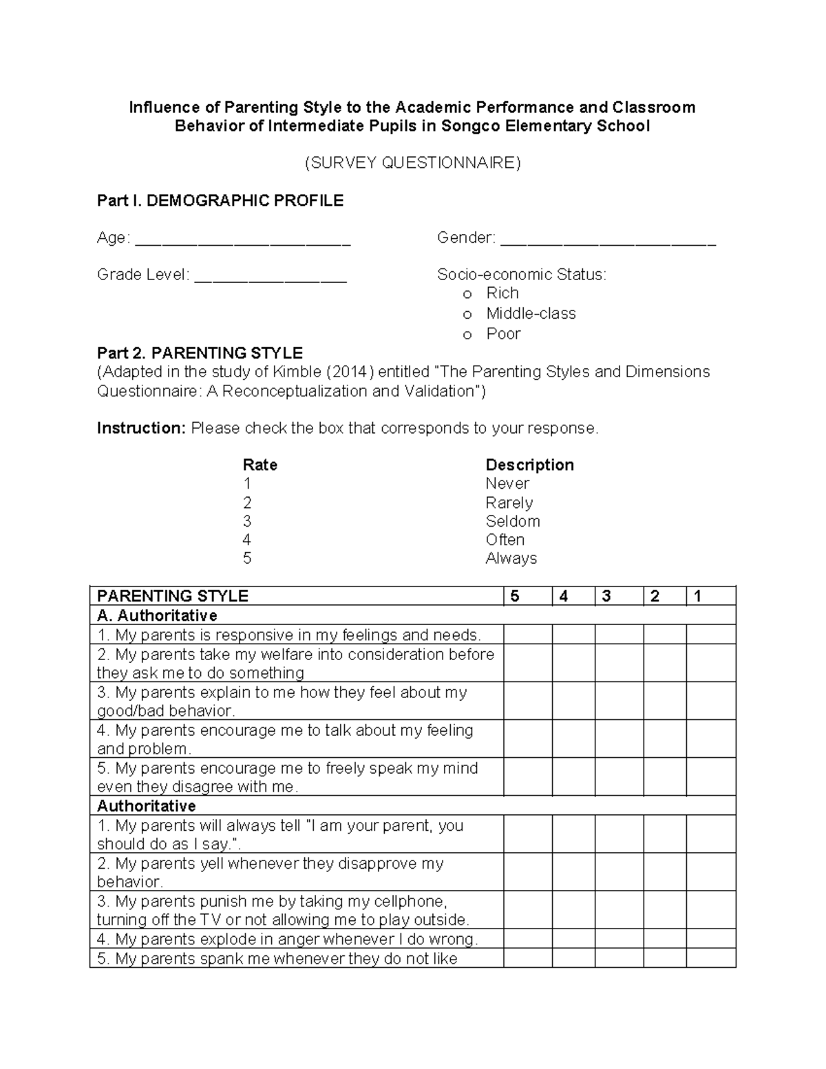 Questionnaire-Attachment - Influence of Parenting Style to the Academic ...
