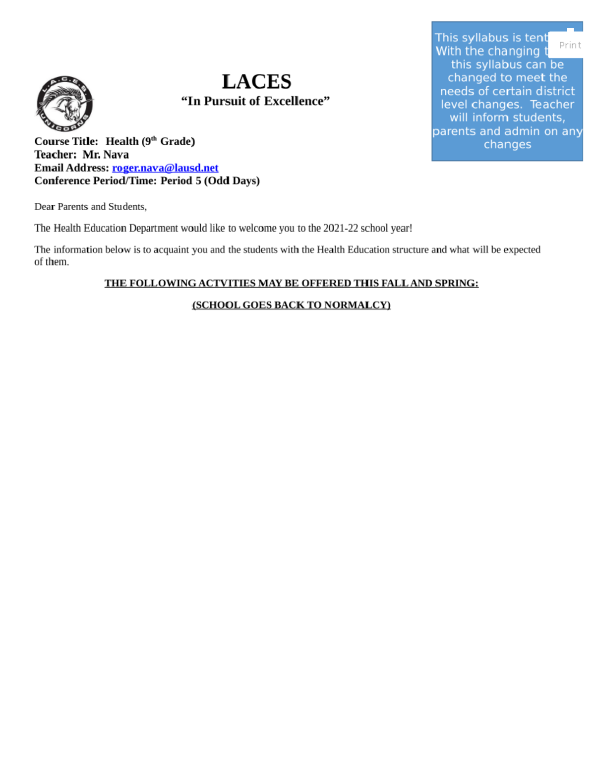 Laces- Health Syllubus.docx Schoology - FINA141 - Print - Studocu