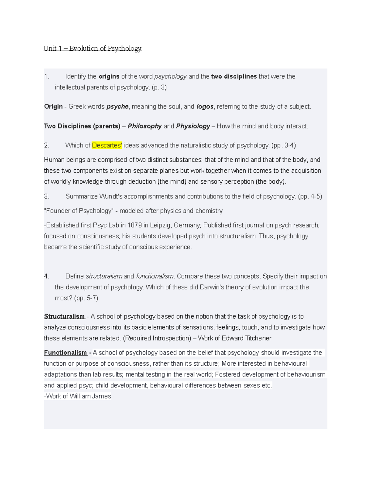 Unit 1 - Psyc 289 - Lecture notes 1 - Unit 1 – Evolution of Psychology ...