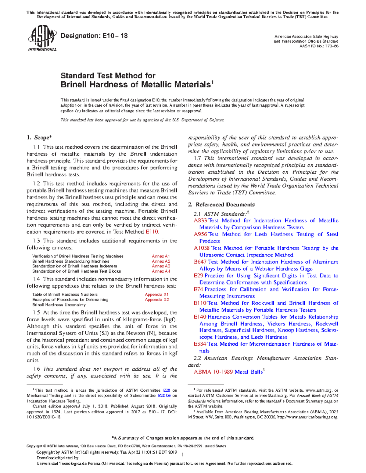 ASTM E10-18 - aceros - Designation: E10− 18 American Association State ...