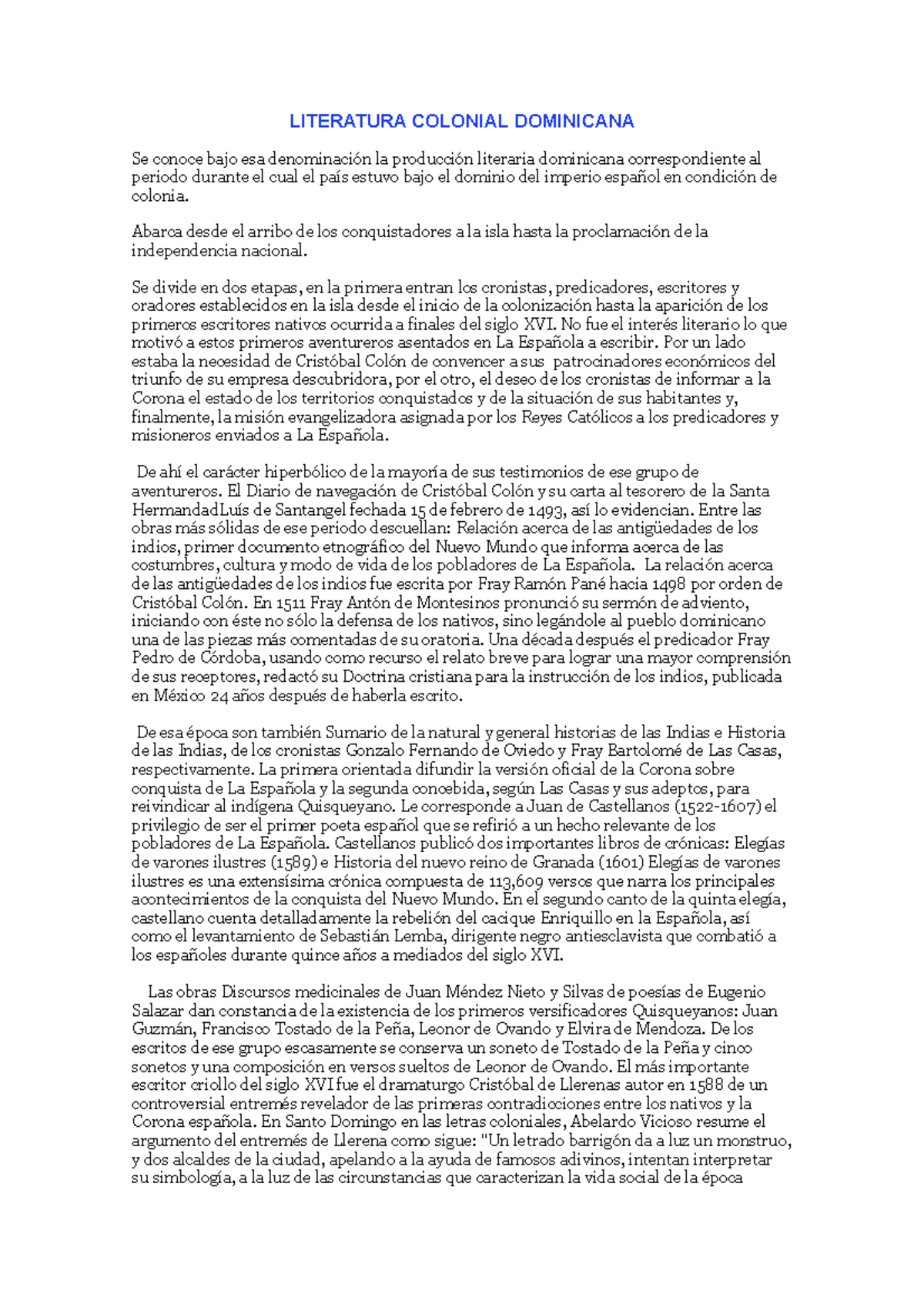 Literatura Colonial Dominicana (LET- 247) - LITERATURA COLONIAL ...